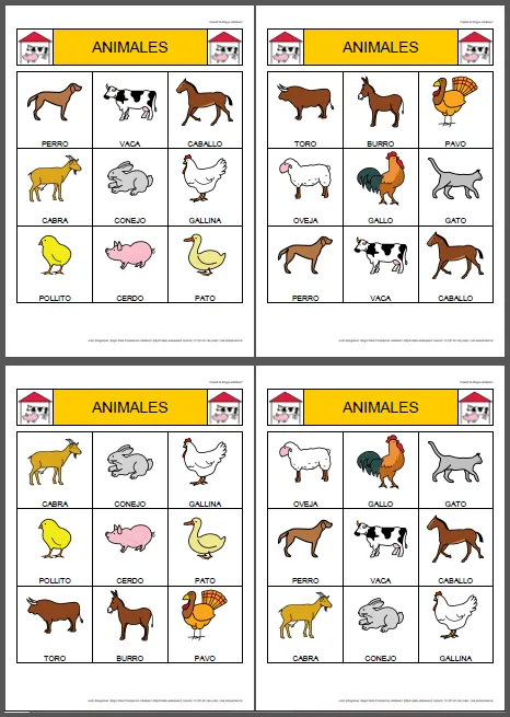 Dibujos de una loteria de los animales en inglés - Imagui