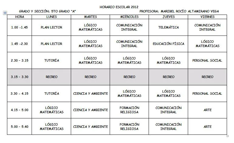Un horario escolar - Imagui