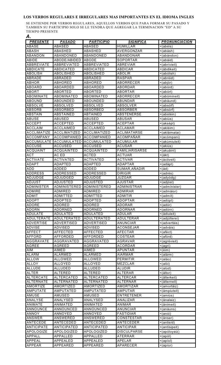 Lista de verbos regulares e irregulares en inglés - Imagui
