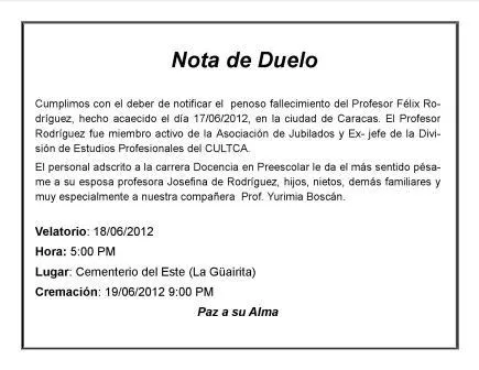 Nota de duelo ejemplo - Imagui